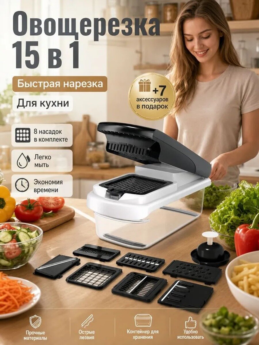 Многофункциональная овощерезка ручная для нарезки овощей и фруктов домашнего использования 15 в 1