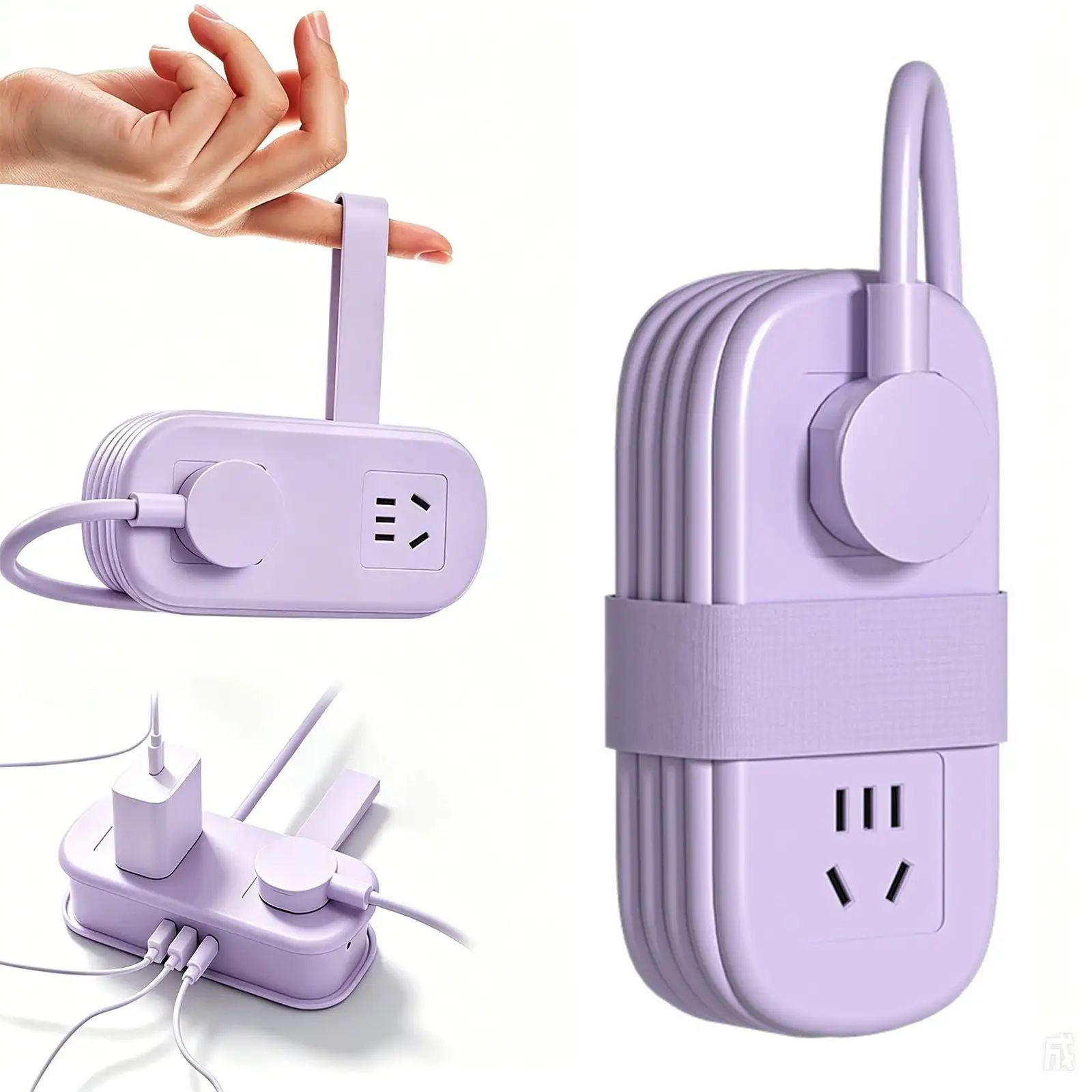 Портативная розетка фиолетовая: 4 гнезда, 14 отверстий, USB/Type-C, 220 В, 10 А, 2500 Вт