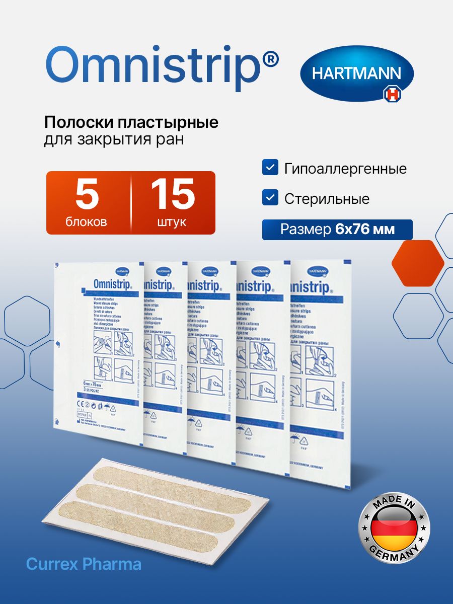 Полоски пластырные Омнистрип (Omnistrip) гипоаллергенные стерильные размером 6х76мм, Hartmann AG, 5 блоков, 15 шт.