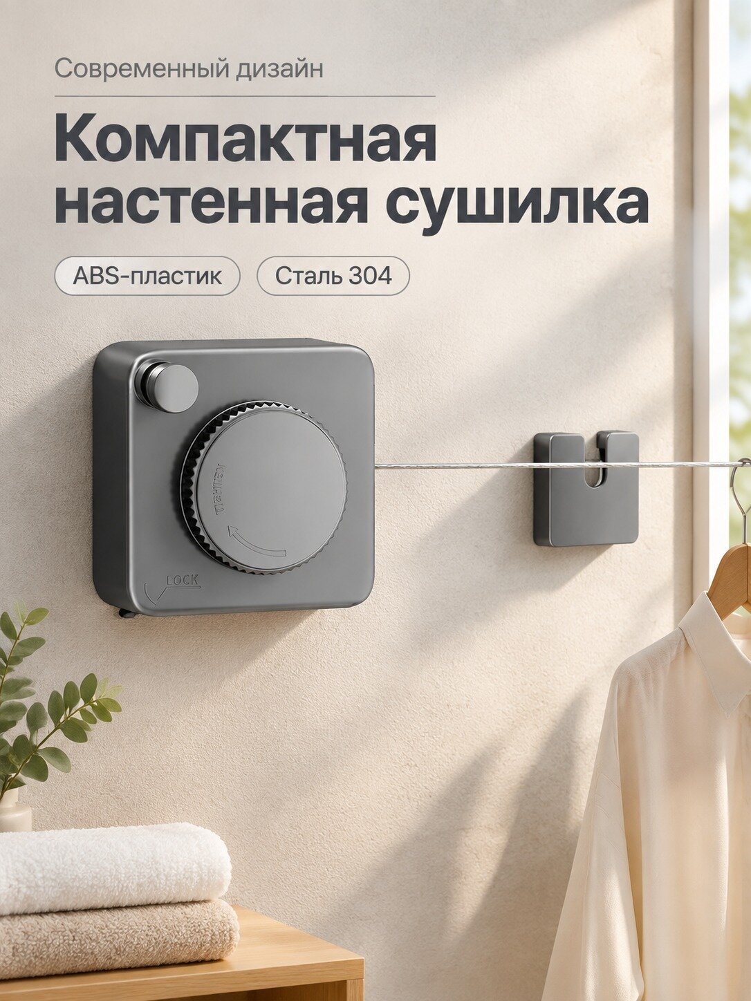 Сушилка для белья настенная выдвижная из нержавеющей стали 304, 4,2 м, Серый
