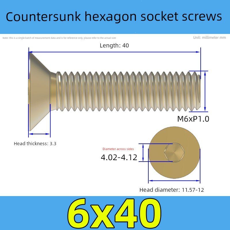 Медный конусный плоский шестигранный внутренний болт М6 x 40 мм, 2 шт