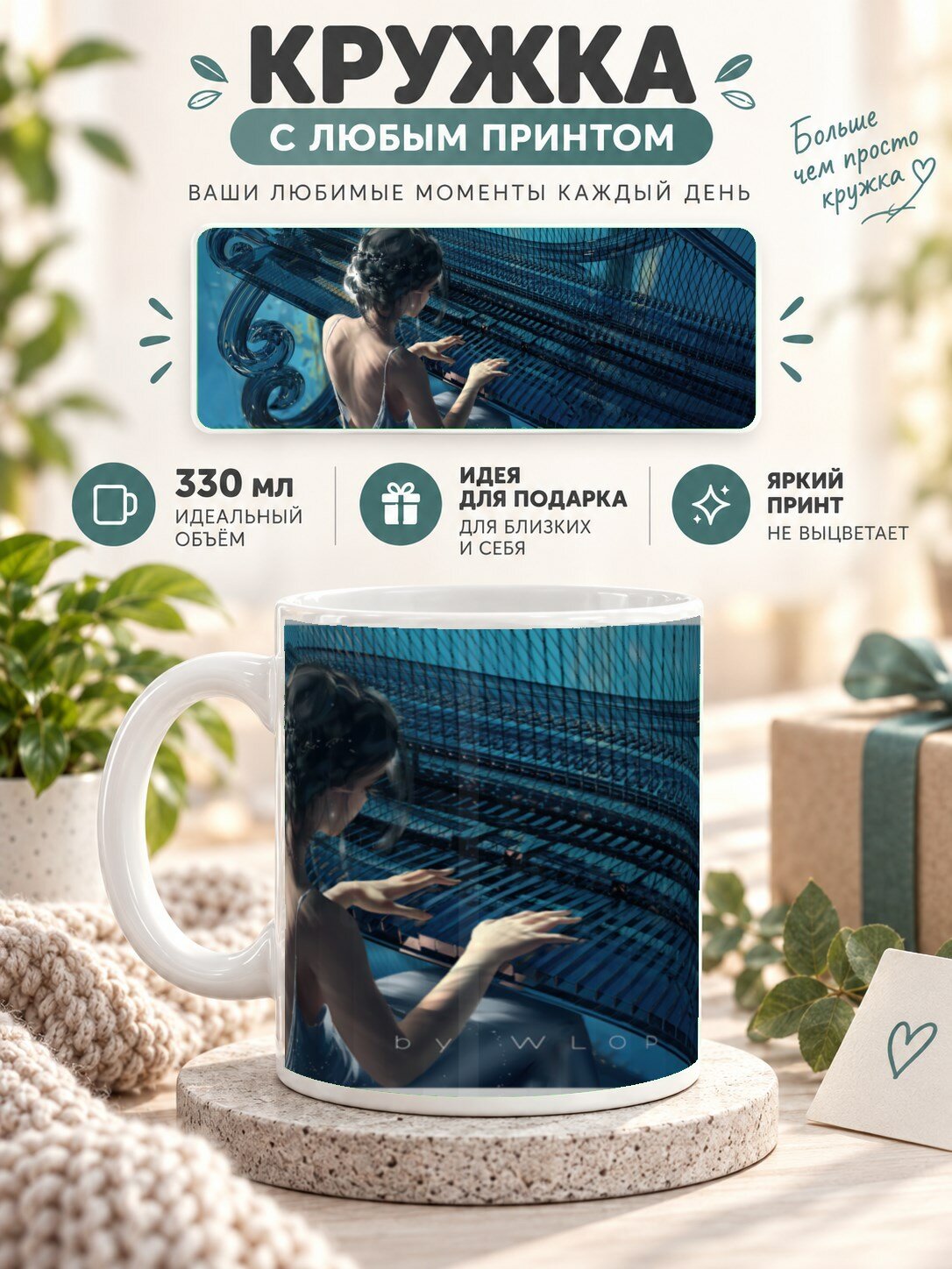 Кружка керамическая MoodRoom 330 мл, глянцевая, с принтом девушки, белая с принтом