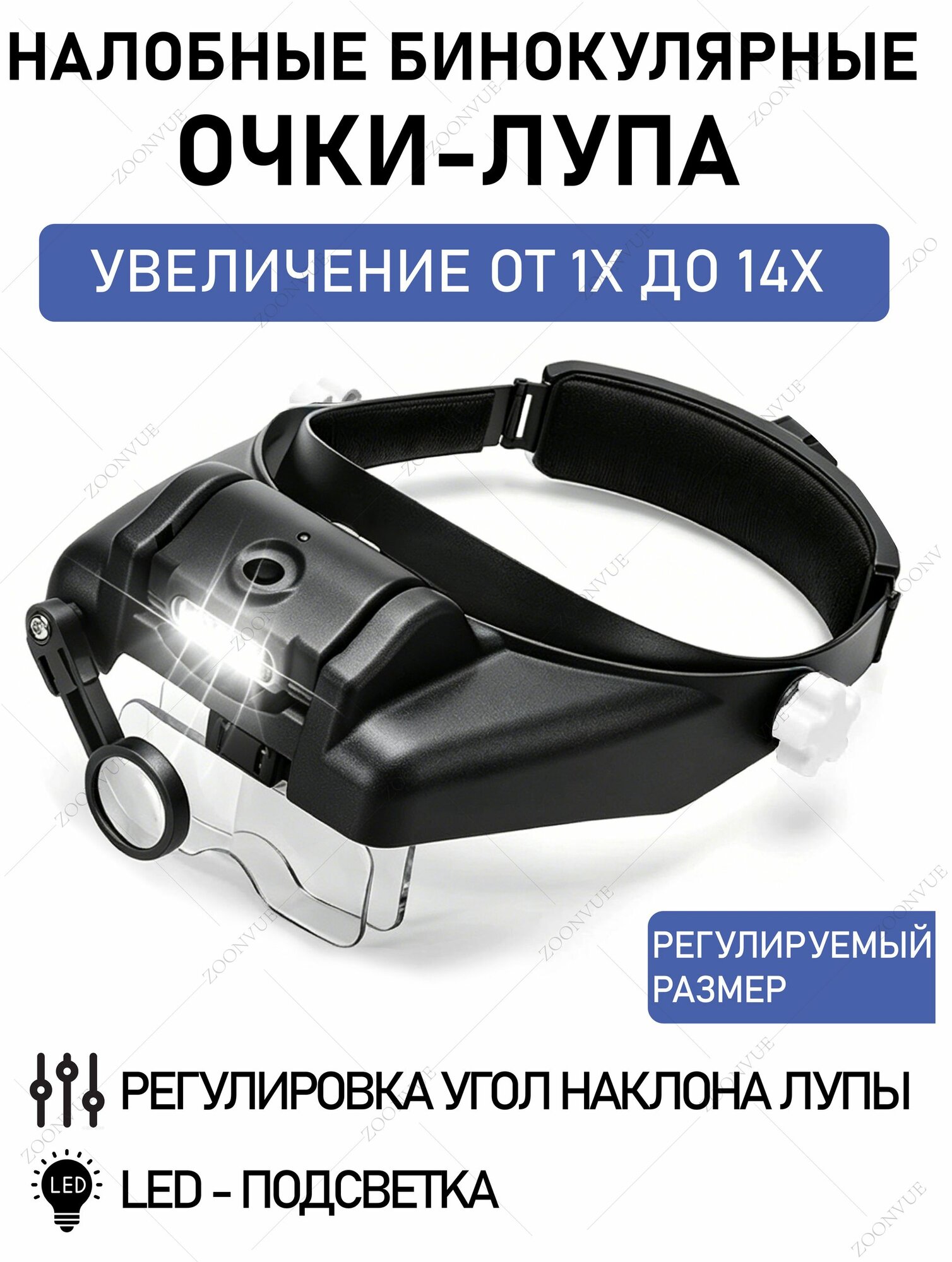 Налубные бинокулярные очки-лупа 1X-14X с LED-подсветкой и регулировкой угла