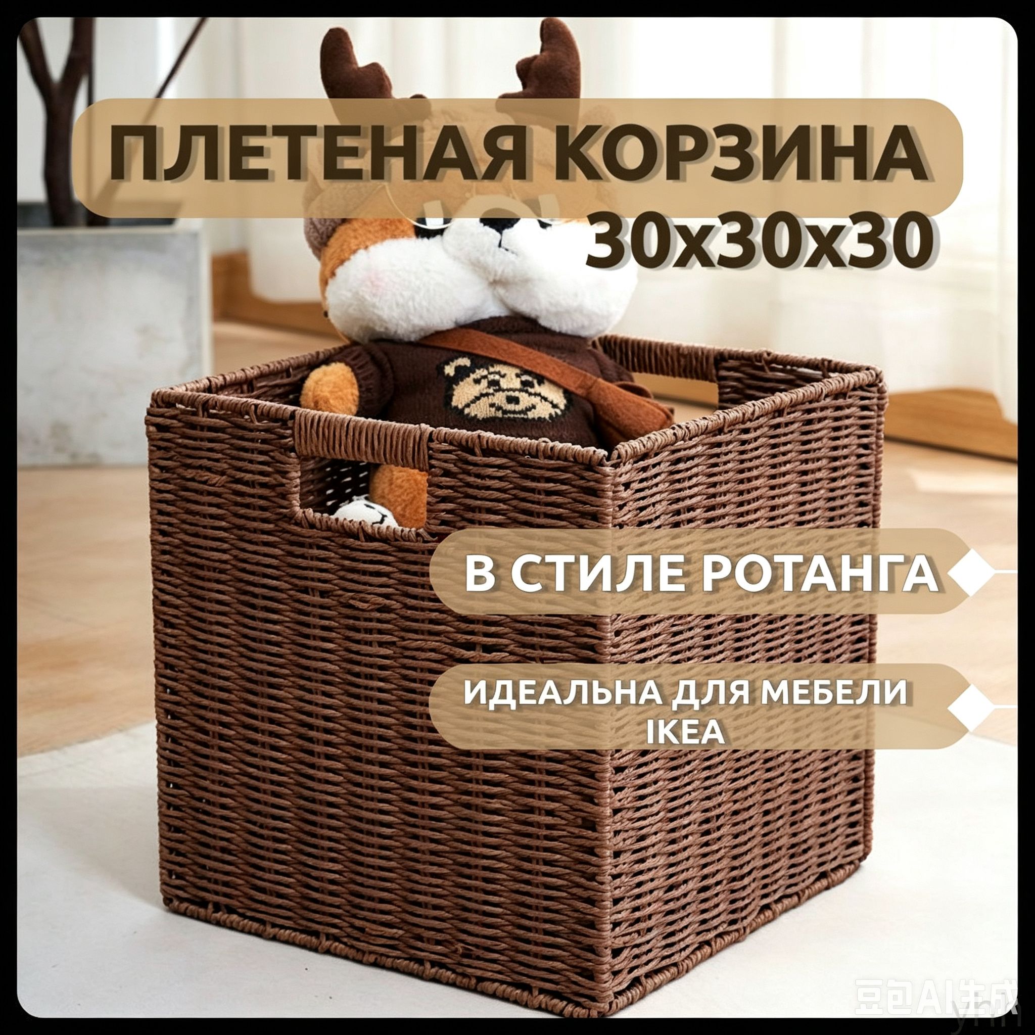 Корзина для хранения длина 30 см, ширина 30 см, высота 30 см 1 шт, abs пластик, шоколадный