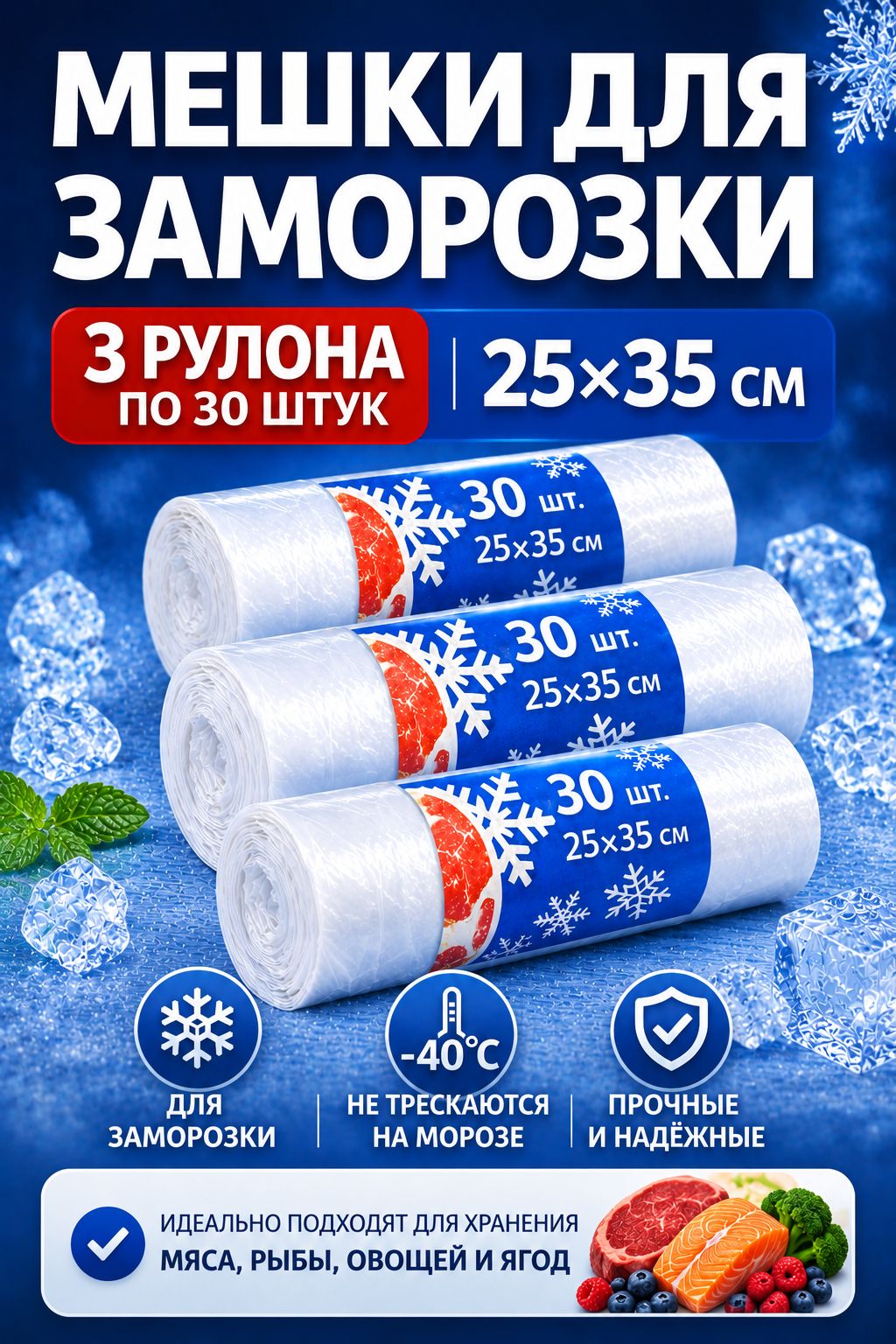 Пакеты для заморозки в рулоне без втулки/ фасовочные/ пищевые/25х35/90шт