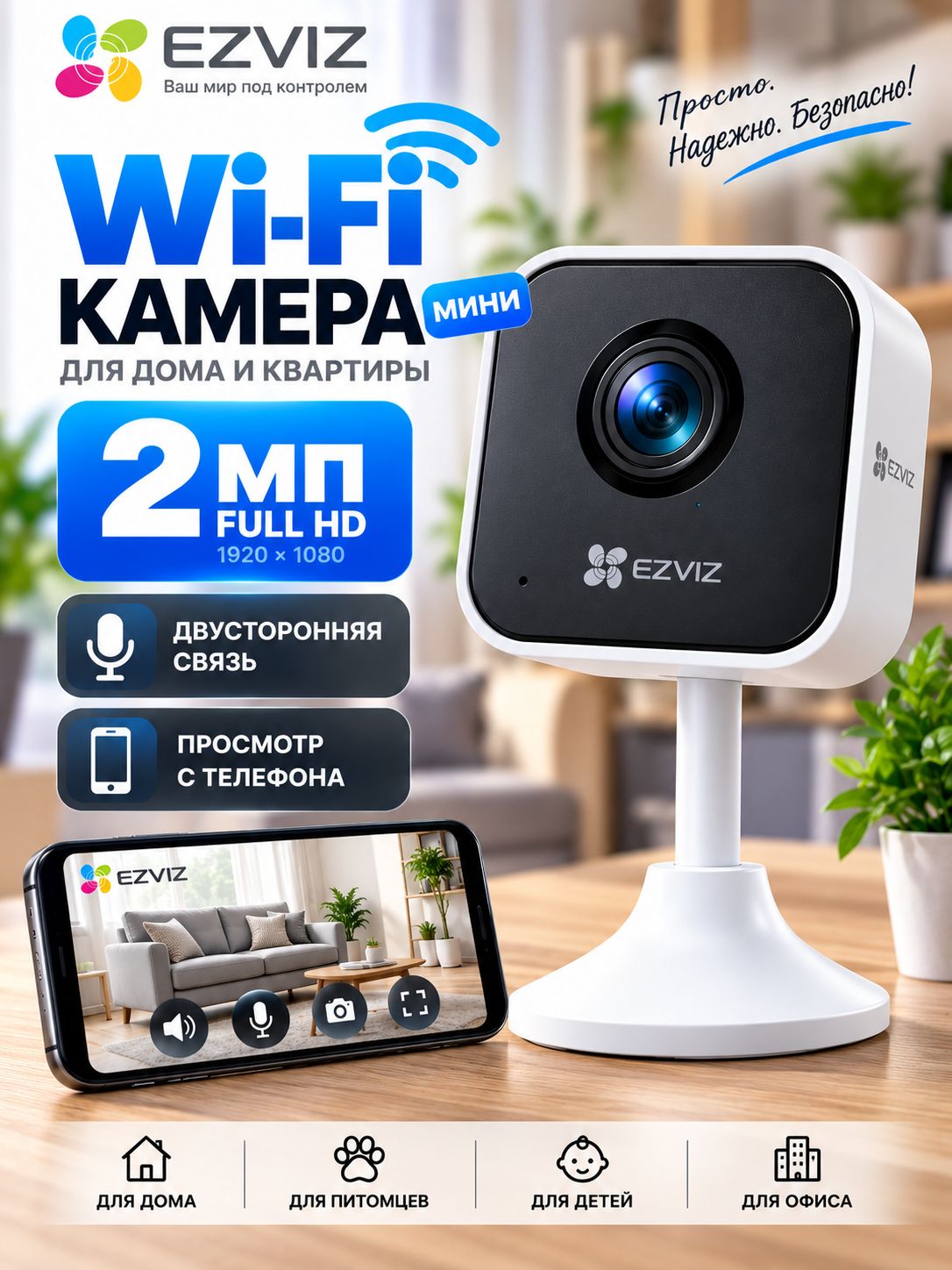 Домашняя камера видеонаблюдения Wi-Fi для квартиры и комнаты EZVIZ, Full HD 1080p, ночное видение, датчик движения