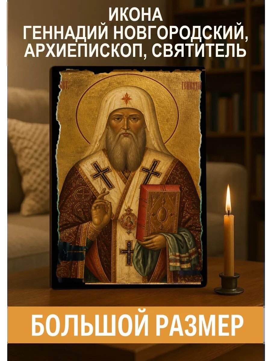 Икона Геннадий Новгородский, на дереве, 30×40 см, освящённая