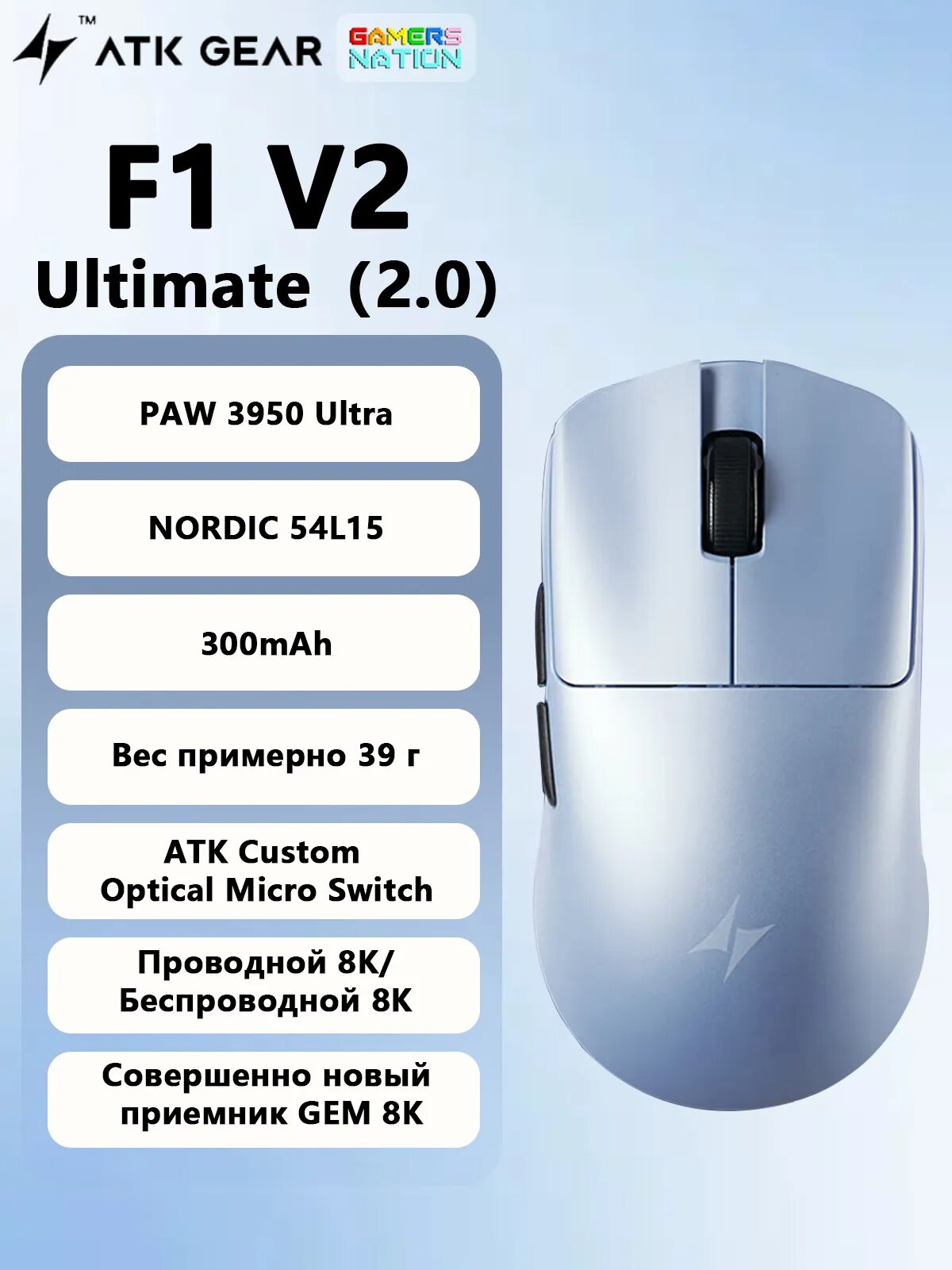 VXE Игровая мышь беспроводная ATK BLAZING SKY F1 V2 ULTIMATE, голубой