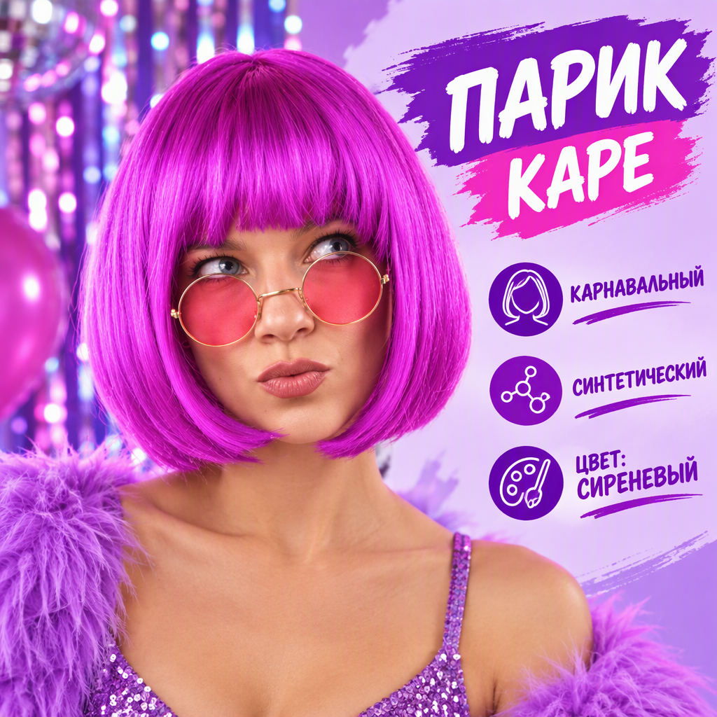 Парик каре сиреневый с челкой прямой, аниме, косплей, карнавальный детский, парик , цветной