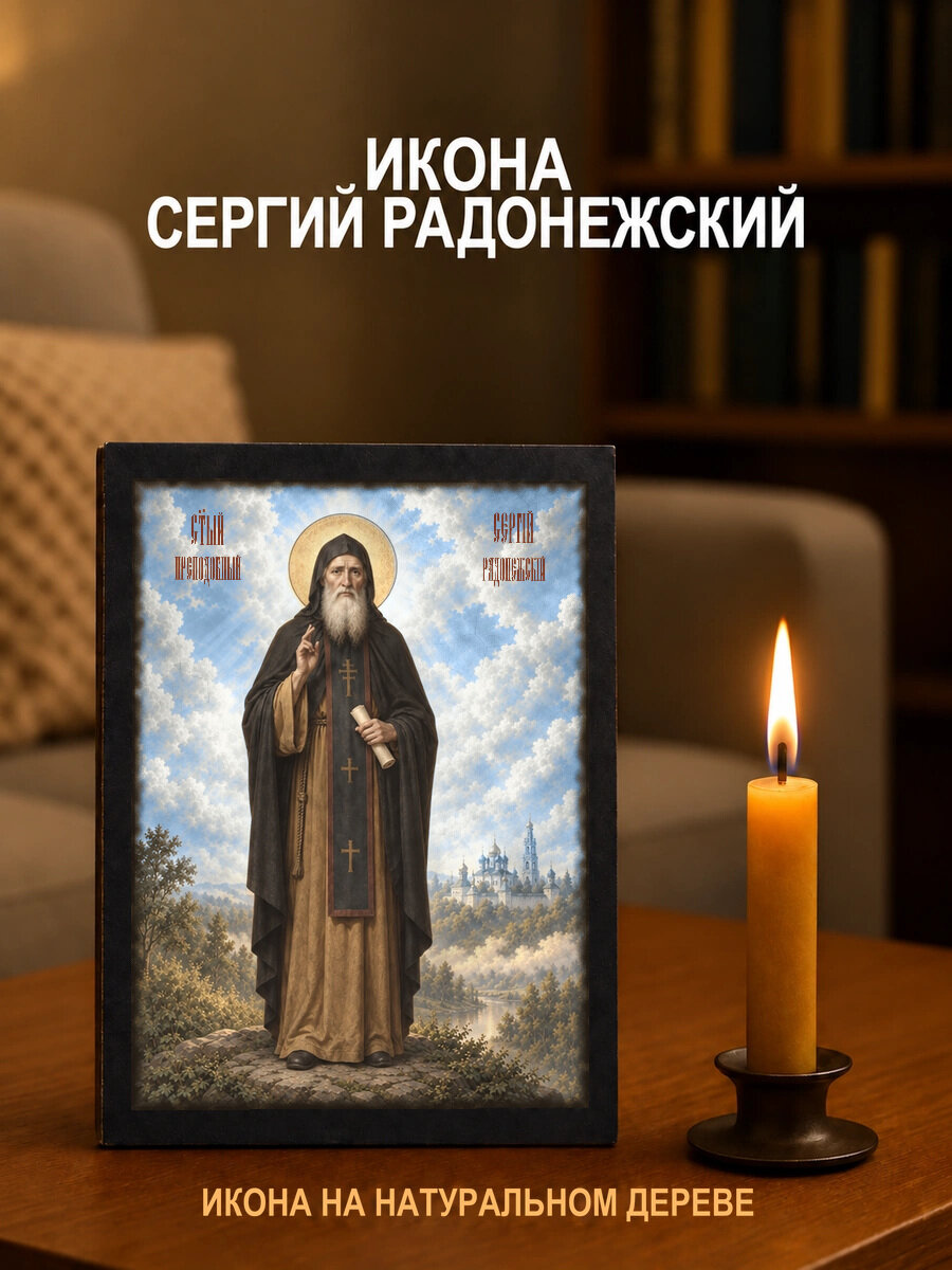 Икона «Сергий Радонежский» на натуральном дереве, 15×18 см, храмовая живопись, потёртое золото