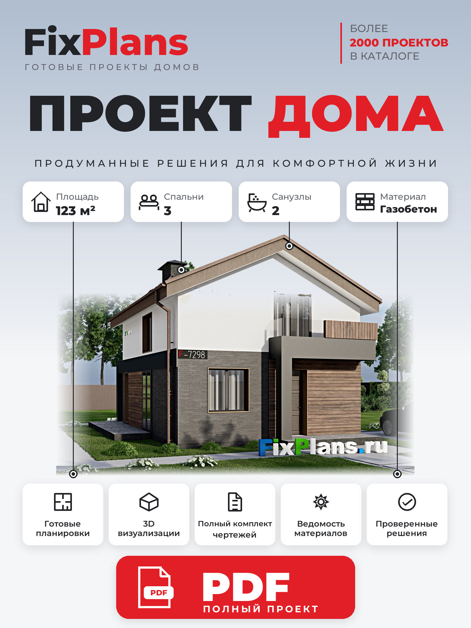 Проект дома FIXPLANS. Одноэтажный с мансардой. Площадь 117.31 м2 F-7298 Размер 8.51 х 12.15