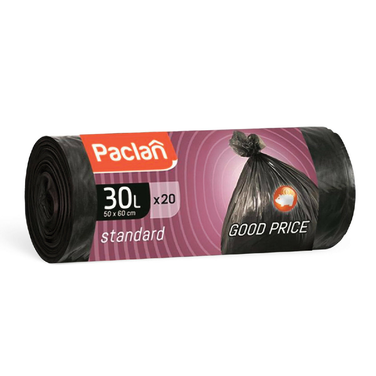 Мешки для мусора 30 л, черные, в рулоне 20 шт, ПНД, 7,3 мкм, 50х60 см, PACLAN "Standard"