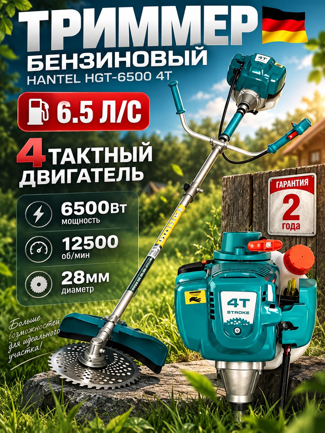 Триммер бензиновый садовый Hantel HGT-6500 4T 4-х тактный двигатель, бензотриммер для сада, для травы