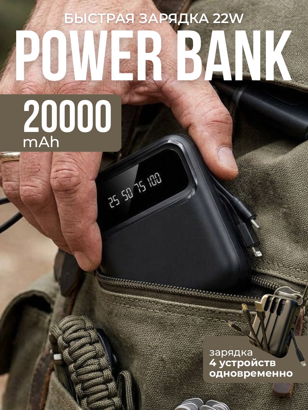 Повербанк Power bank 20000 mah с быстрой зарядкой, внешний аккумулятор с проводами