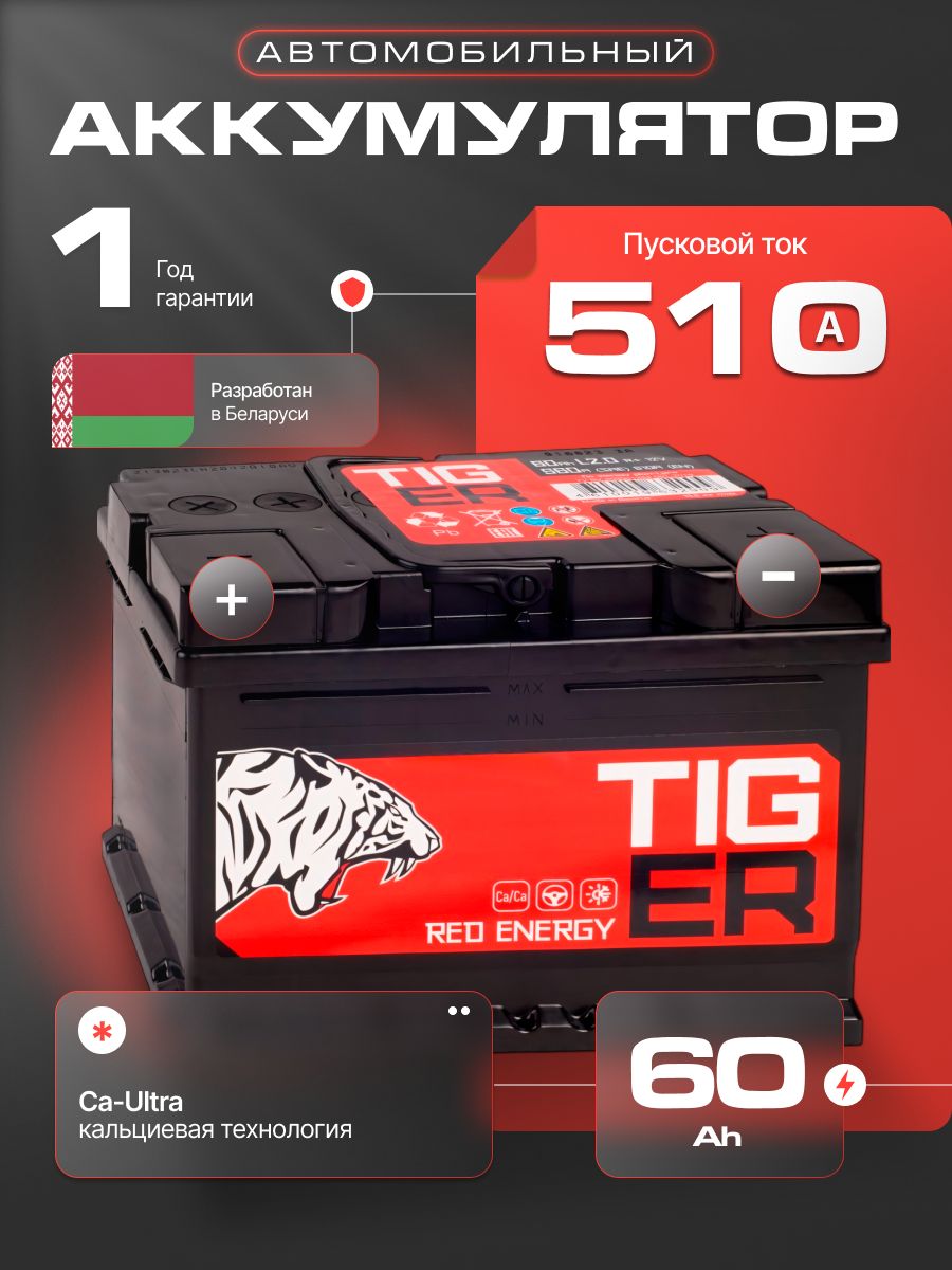 Аккумулятор автомобильный 12v 60 Ah Tiger Red Energy 60 Ah 510 A прямая полярность 242x175x190 стартерный акб для автомобиля, машины