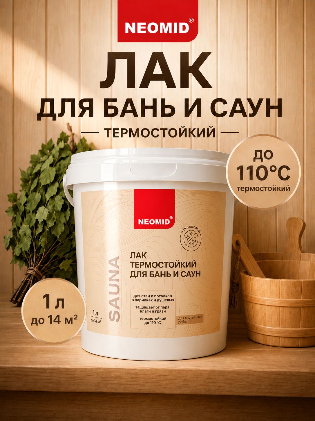 Лак для бань и саун Neomid Sauna (1 л), полуматовый, строительный лак для защиты и декоративной обработки деревянных и