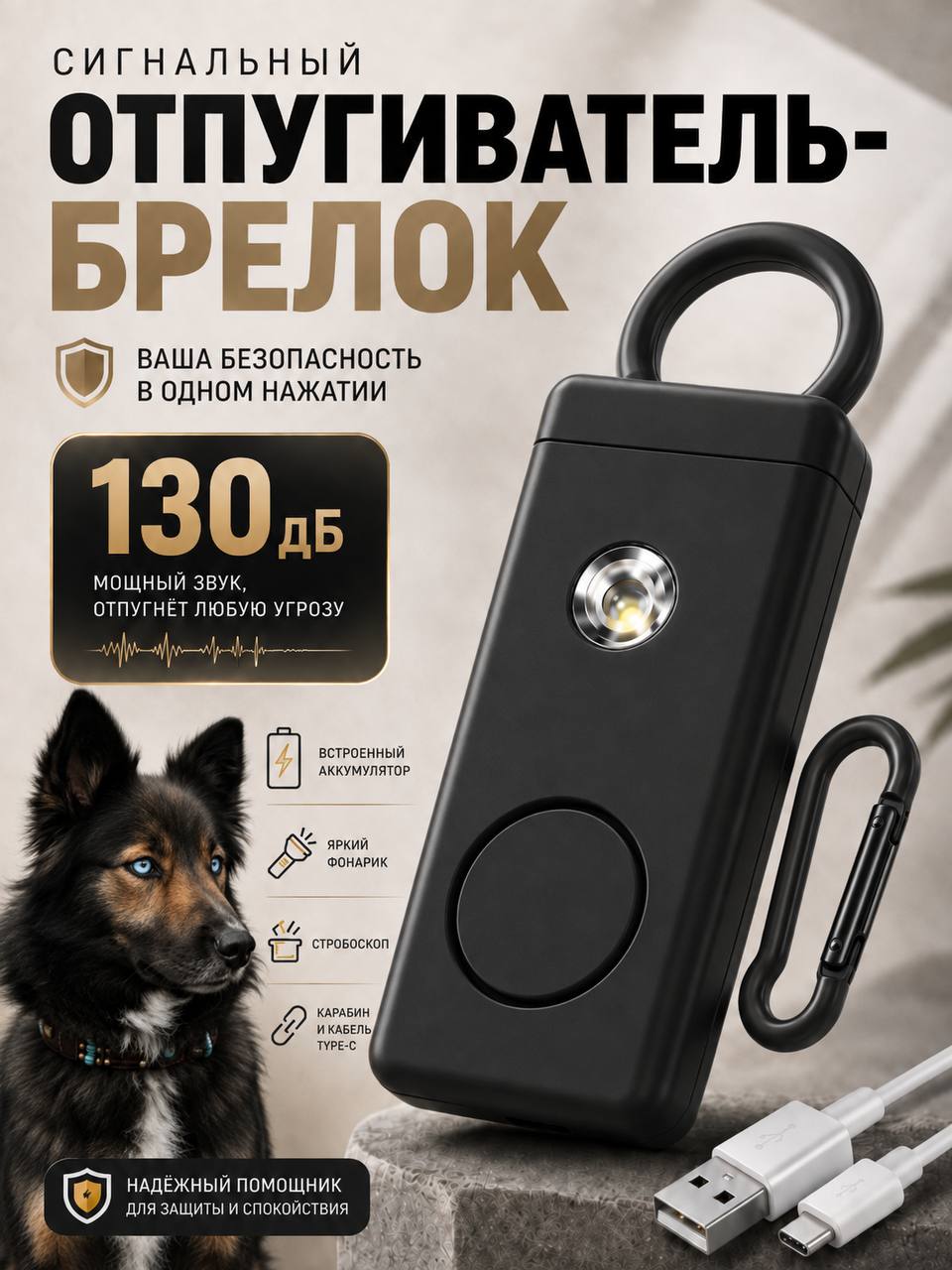 Сигнальный отпугиватель брелок от собак 130 дБ с фонариком, аккумулятором и, ультразвуковой прибор для отпугивания