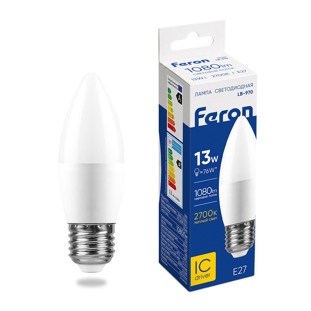 Лампа светодиодная LB-970 Свеча E27 13W 175-265V 2700K комплект 10 штук, FERON 38110