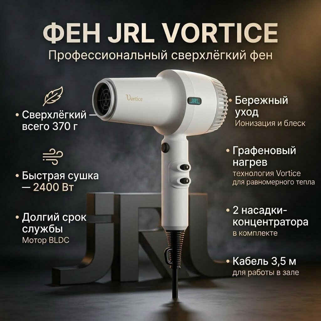 Новинка ! Фен для волос JRL Vortice 2025L-W Белый, ионизация, 2400Вт, 2 концентратора, 2 скорости, 2 режима, профессиональный