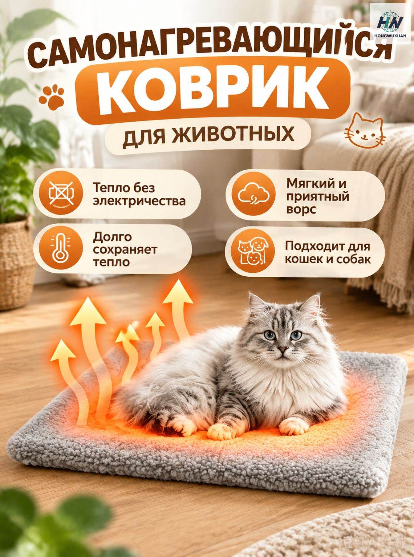 Лежанка для кошек и собак с самонагревающимся покрытием, 57x46 см, серая