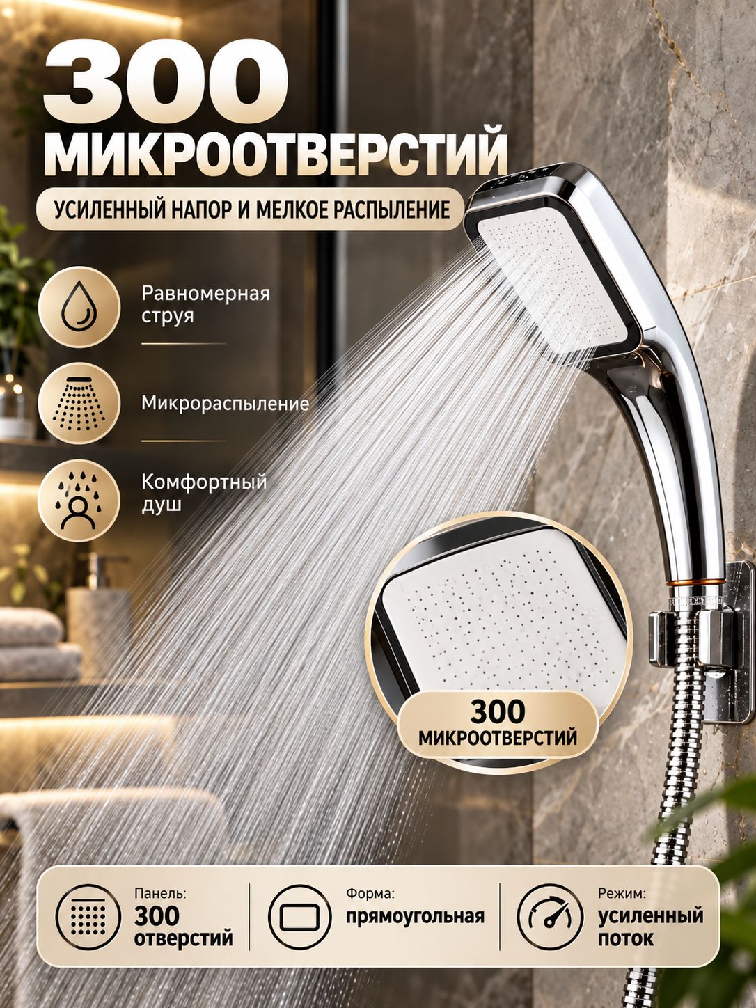 Душевая насадка 300 отверстий Насадка для душа высокого давления Водосберегающая лейка с фильтром Анти-засор, экономия воды