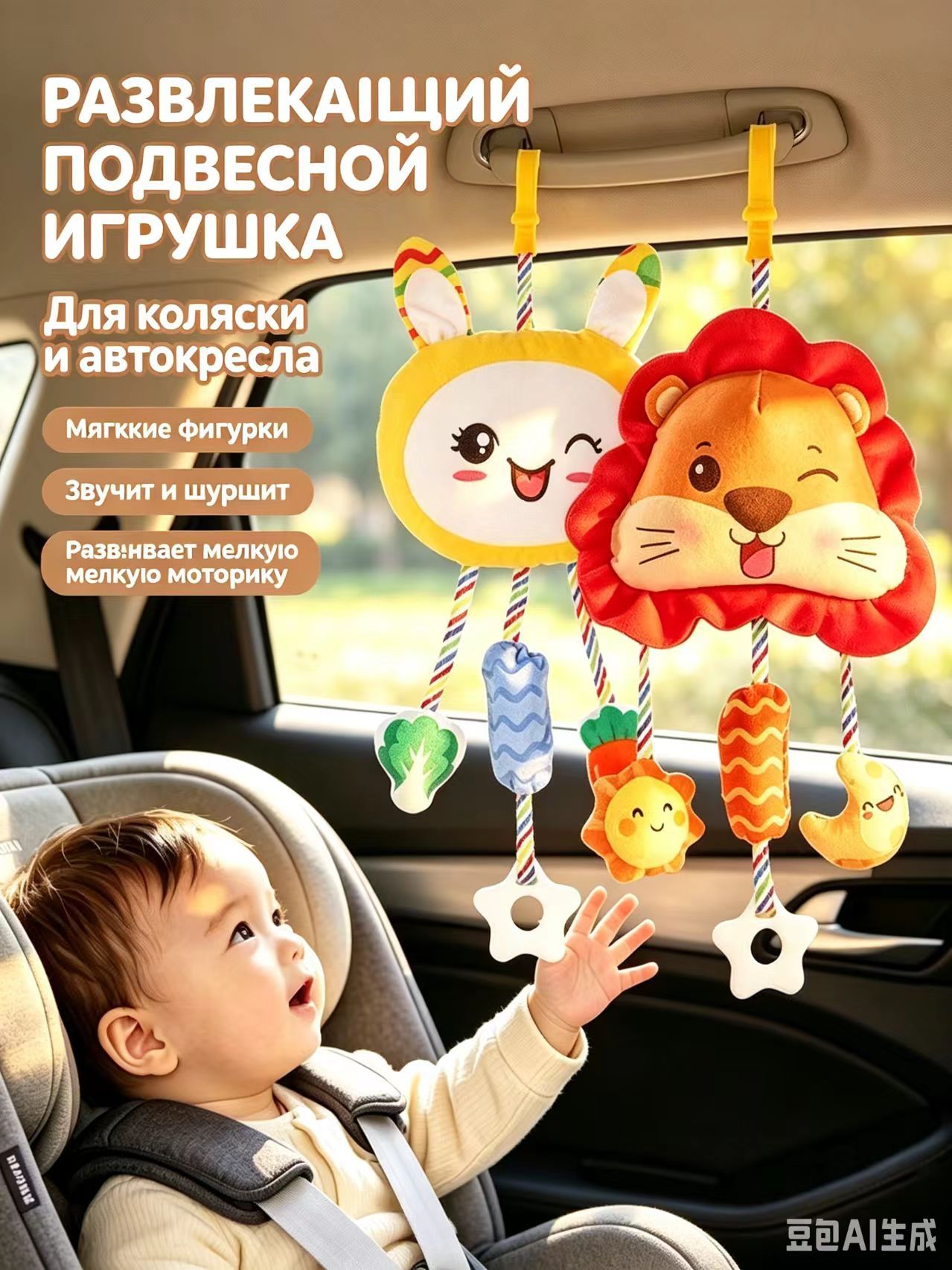 Растяжка погремушка для новорожденных / "Зайчики" / подвесная игрушка на кроватку