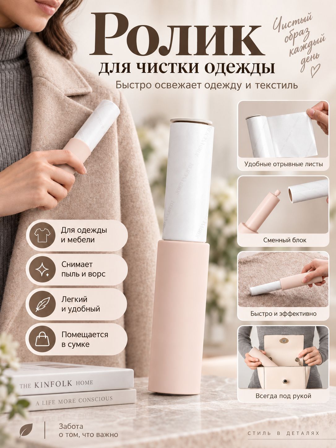 Ролик для чистки одежды, розовый