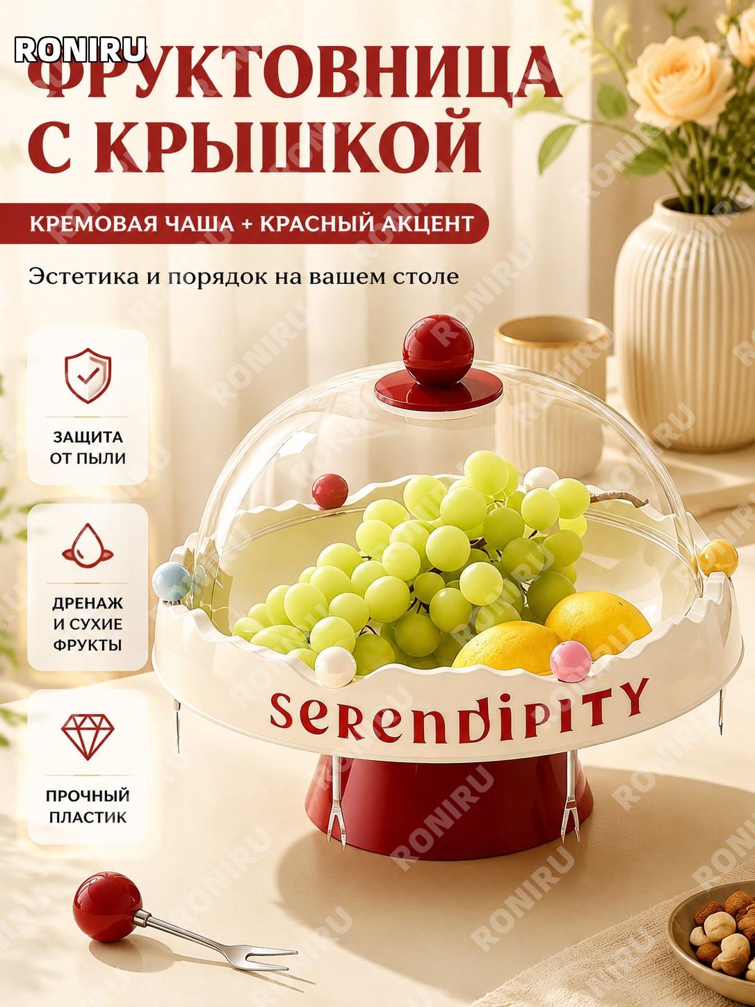 Фруктовница с крышкой вилка красные бусины кремово-красная пластиковая для дома подачи орехов и снеков на столе