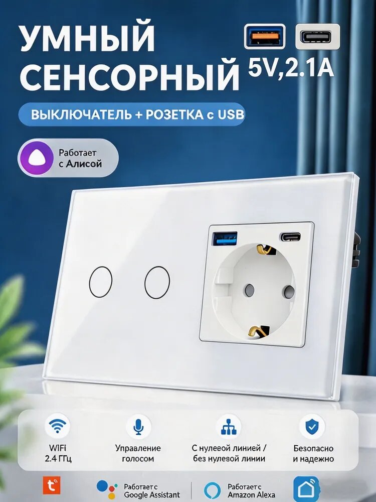 Умный сенсорный wifi двухклавишный выключатель с розеткой USB и Type C портами, панель из закаленного стекла, белой