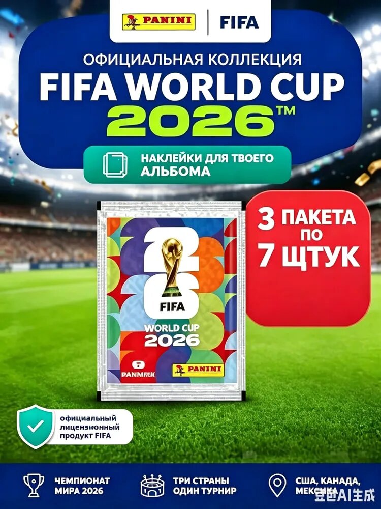 Panini FIFA World Cup 2026, 3 пакета стикеров по 7 штук, коллекционные футбольные наклейки ЧМ 2026