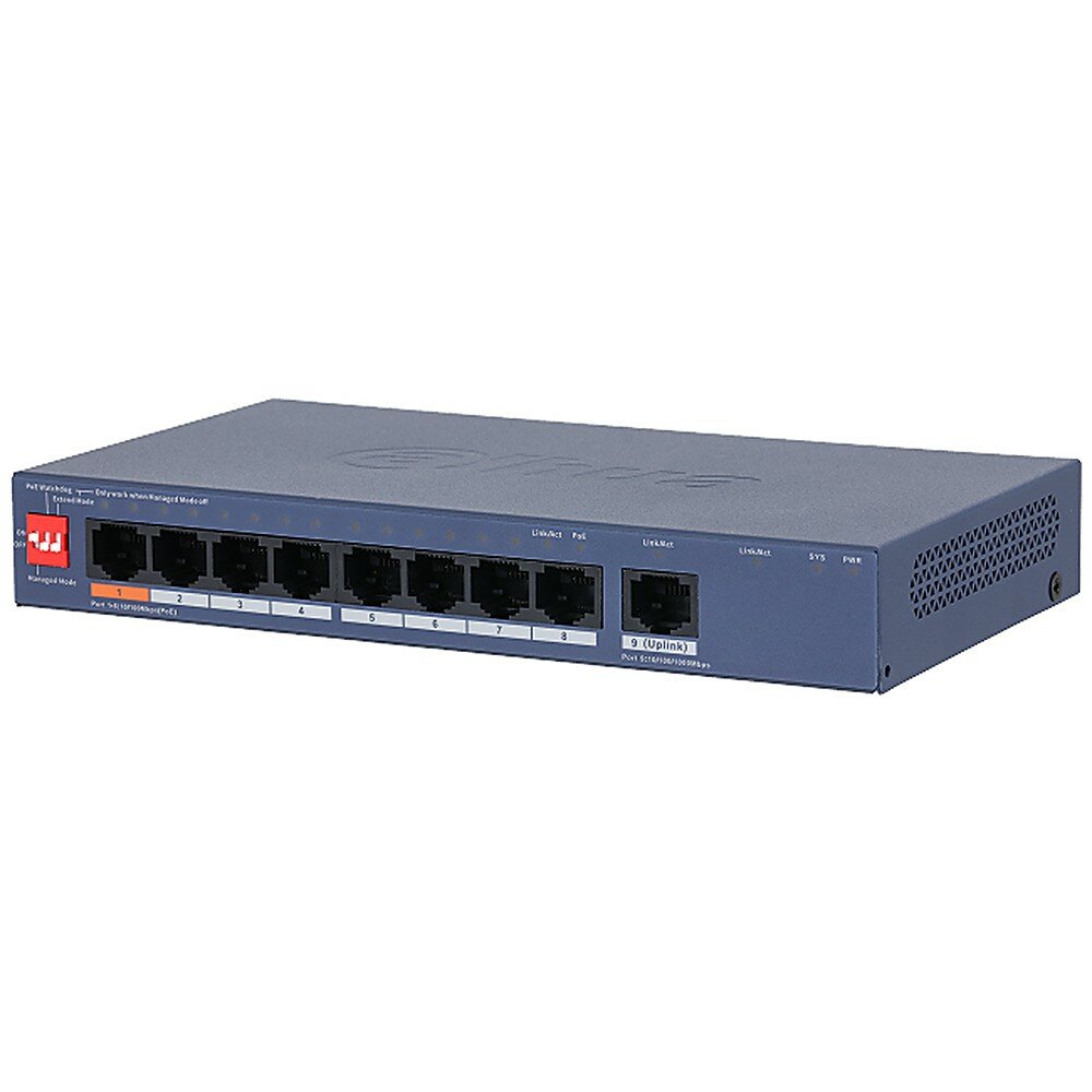 Коммутатор Dahua DH-CS4009-8ET1GT-60 — 9 портов, 8 PoE, бюджет 60 Вт, на DIN-рейку