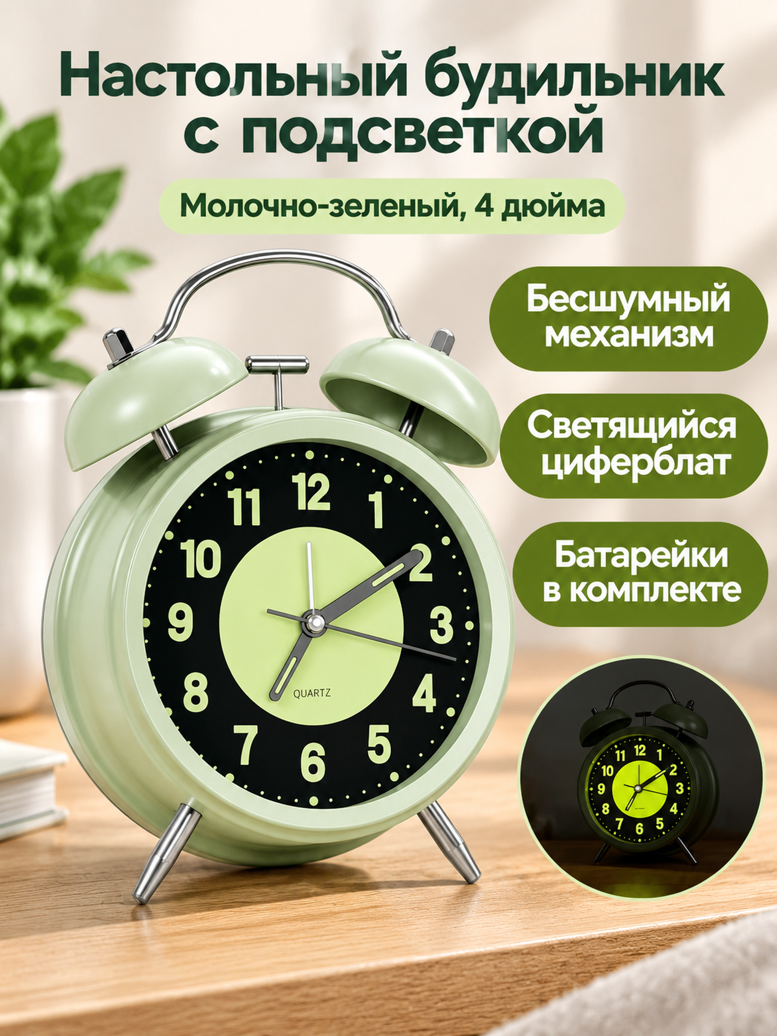 Настольные часы с будильником для студентов и детей, 4 дюйма, молочно-зеленые, с подсветкой циферблата, в комплекте батарейка