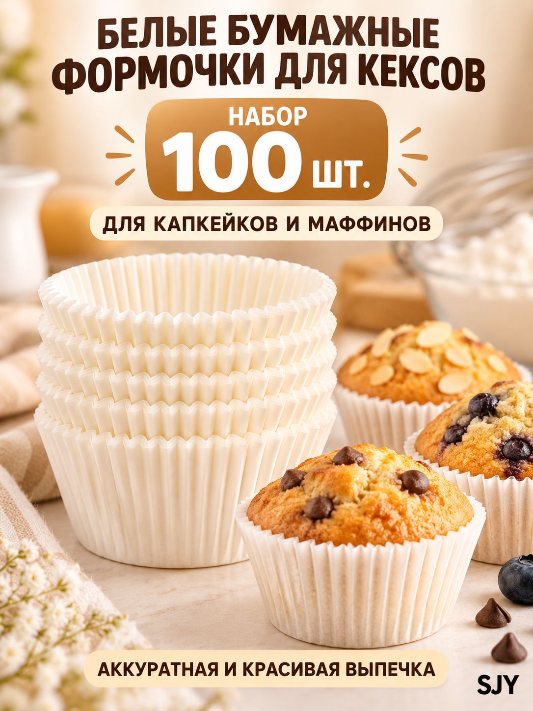 Бумажные формочки для кексов и маффинов, белые, гофрированные, 100 шт, для капкейков и десертов