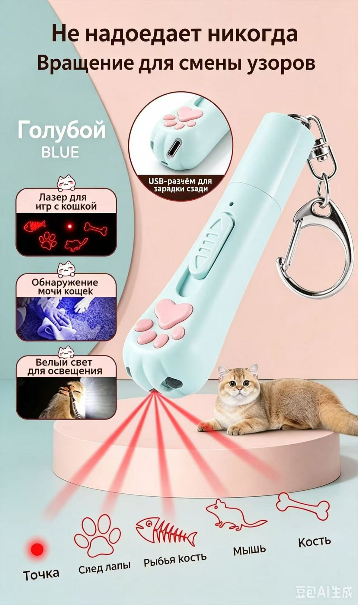 Перезаряжаемая лазерная флешка funny cat stick, синяя，USB (можно заказать всего за одну ложку)