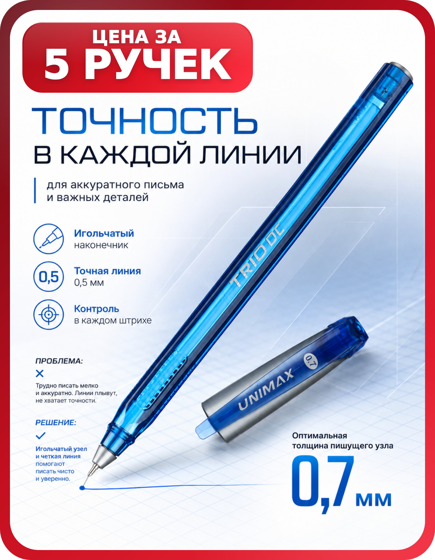 Канцелярские ручки синие Unomax TrioDC 5 шт