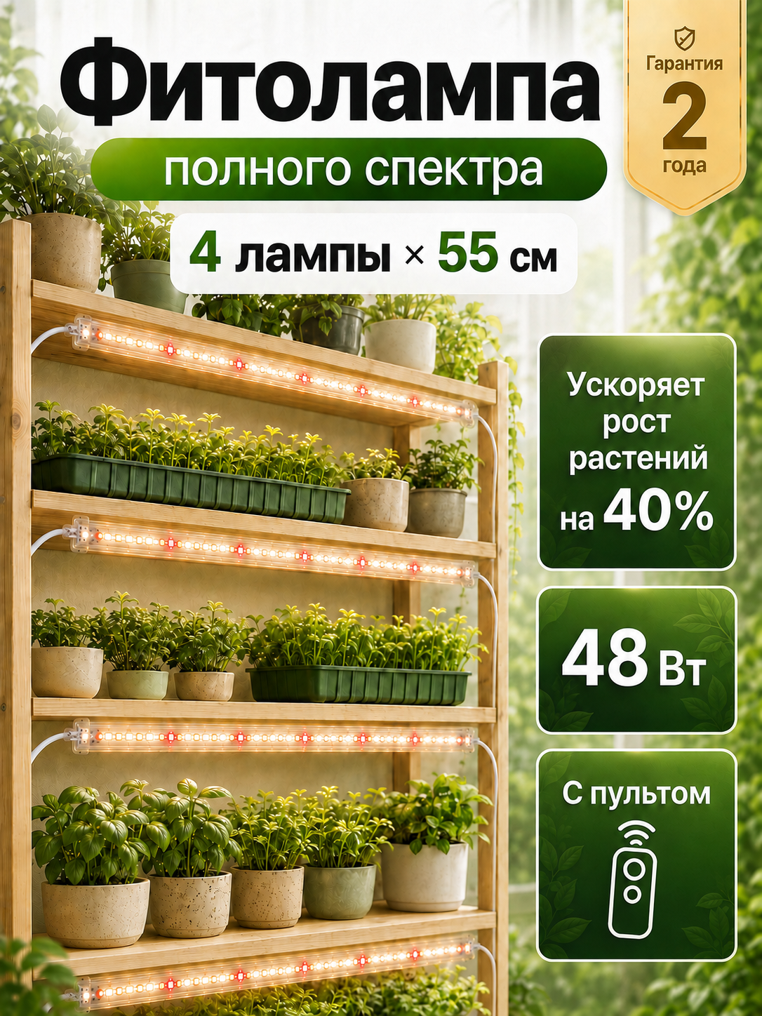 Фитолампа для растений и рассады полного спектра, 4шт. 48Вт