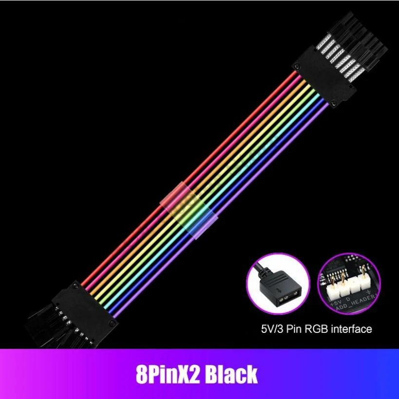 Удлинительный кабель для блока питания, комплект RGB-подсветки, 24-контактный, тройной, 8-контактный, радужная подсветка, синхронизация 5 В, черно-белый, украшение для игрового корпуса своими руками