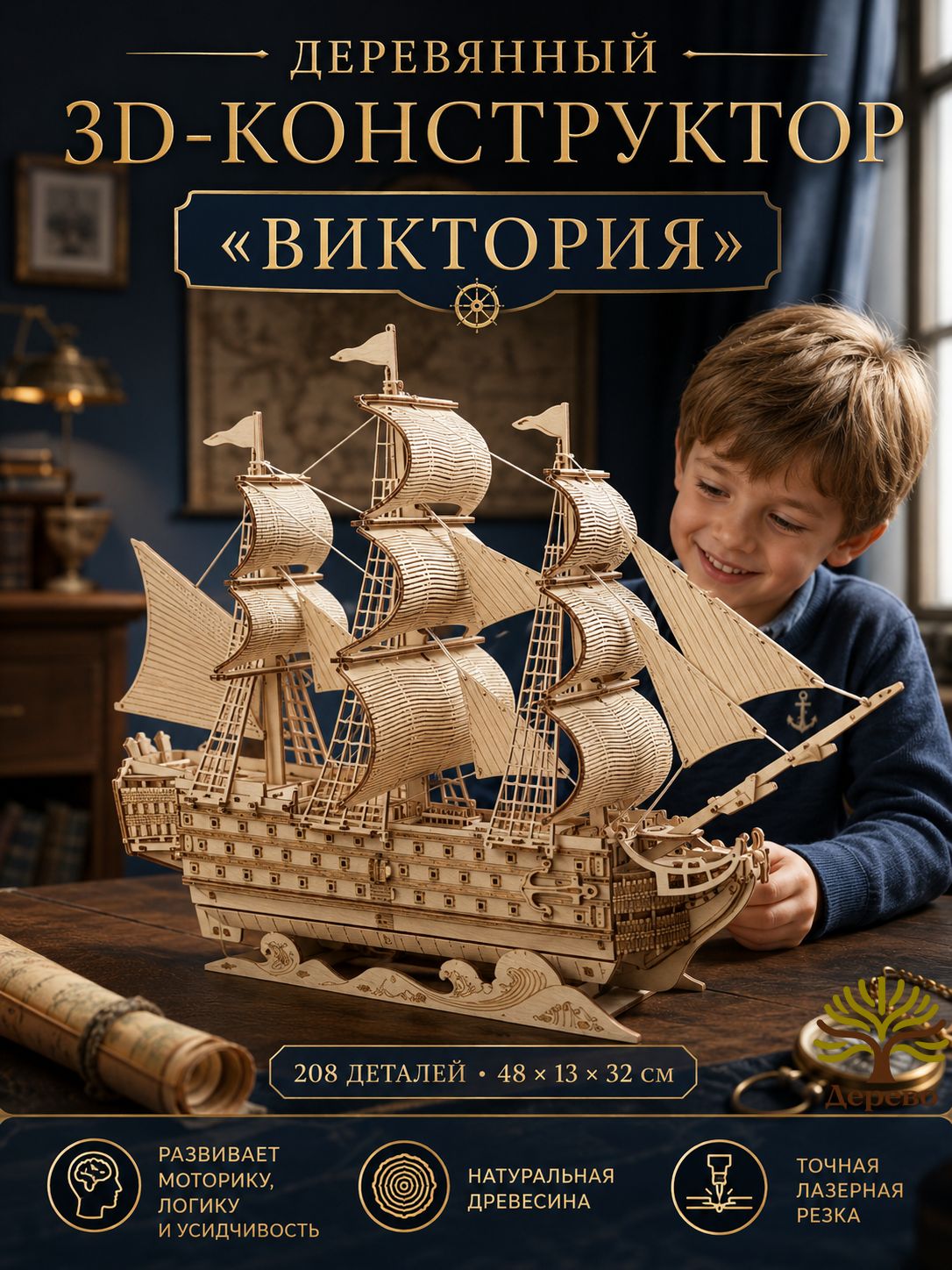 Игрушка-конструктор, деревянный 3D-пазл парусник Победа, деревянная модель корабля, 208 деталей, сборка без клея, для детей от 7 лет