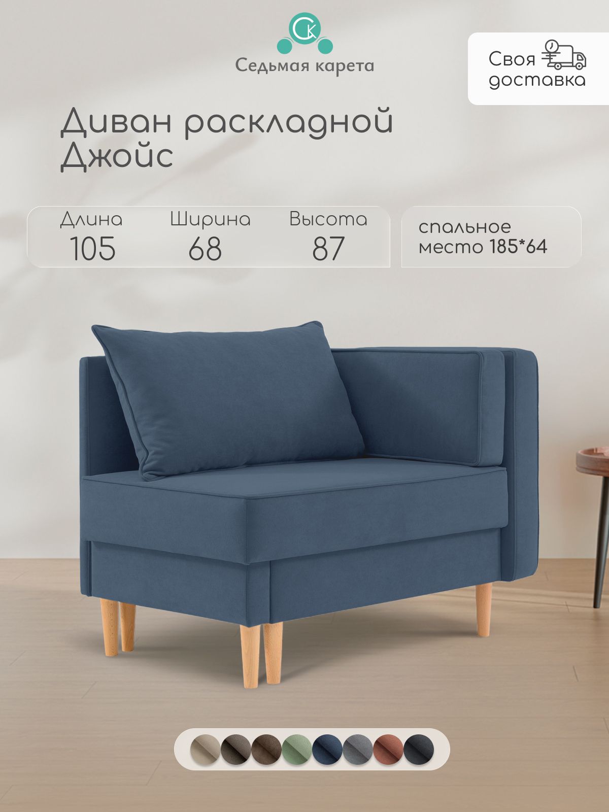 Кушетка диван Джойс 105х68х77 см, раскладная еврокнижка односпальная с ящиком. Велюр-Коннект 79 синий, угол правый.