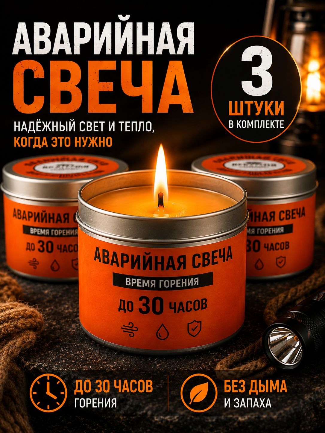 Свеча "Без отдушки" 4 см х 6 см 3 шт