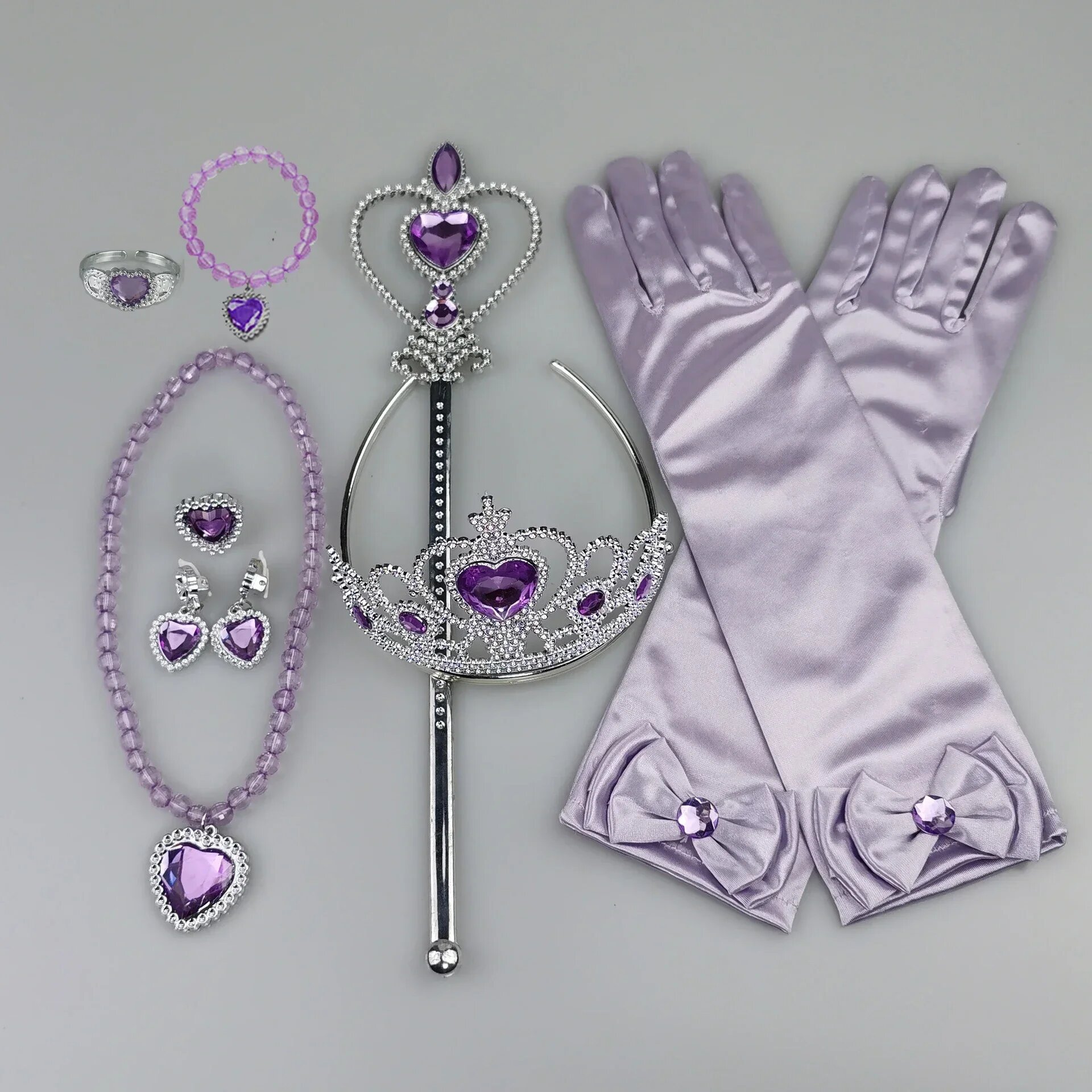 Комплект принцессы Purple Heart: корона, браслет, кольцо, серьги, перчатки, волшебная палочка