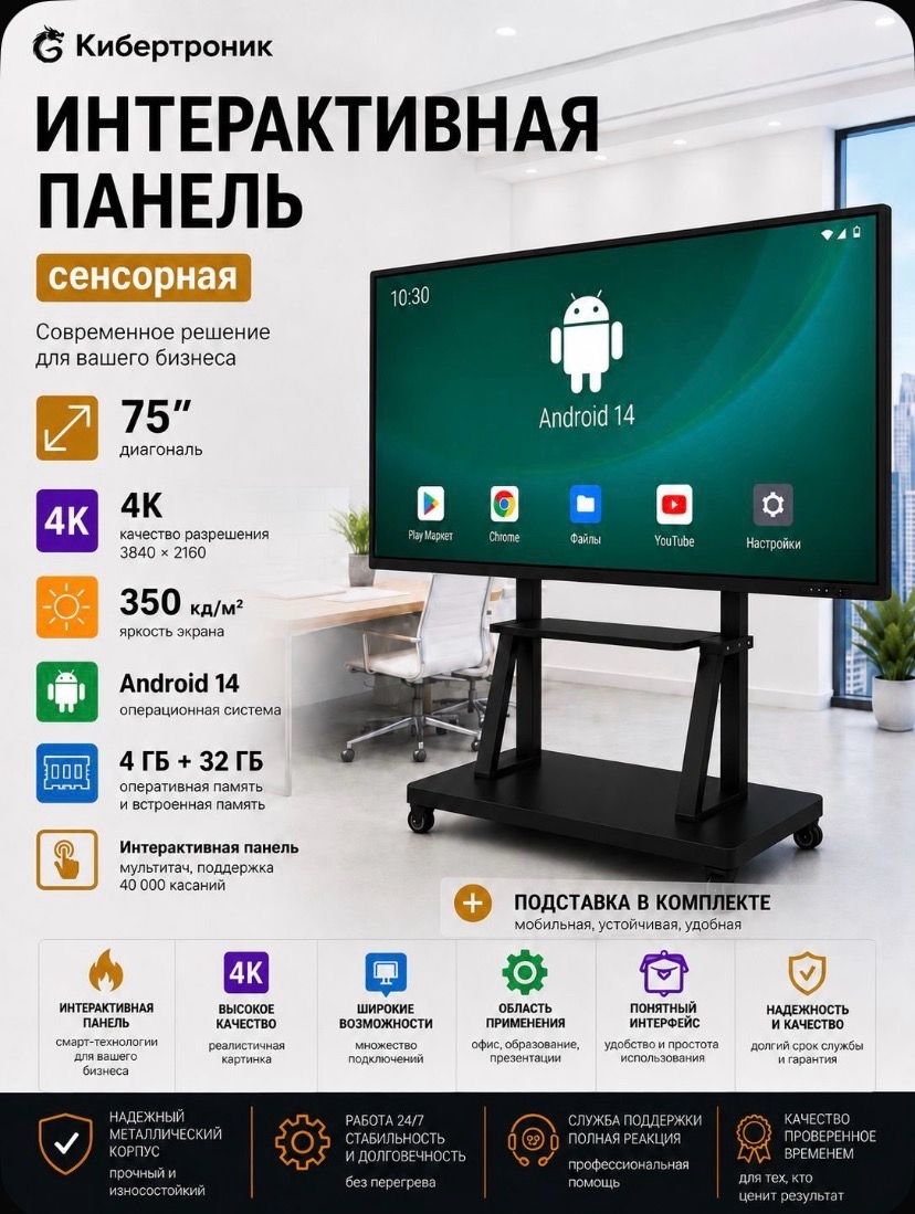 Интерактивная панель 75" Android 14 4K качество разрешения 3840х2160