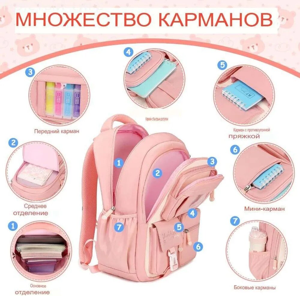 Рюкзак для девочек Сумка школьная Розовый и белый Изысканный дизайн с подвесками — фото 1