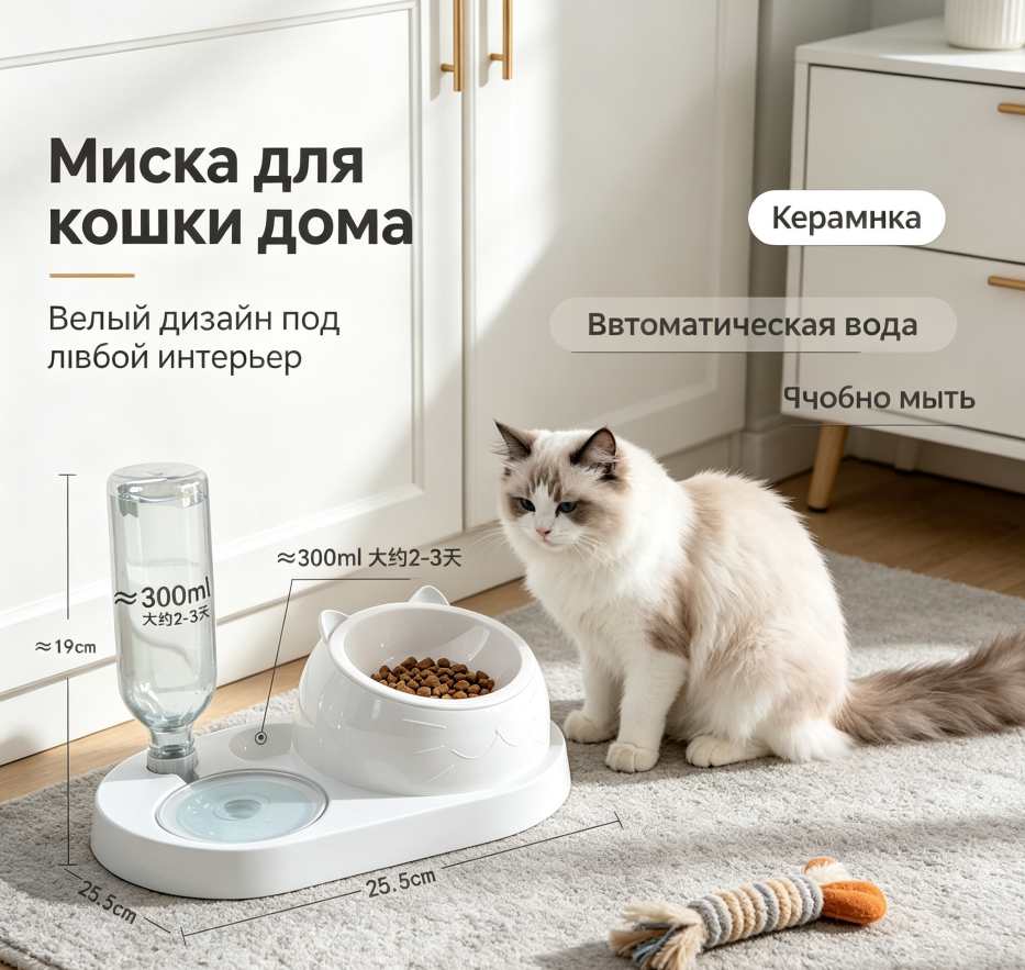 Керамическая миска для кошек с автопоилкой, наклонная чаша для защиты шеи, противоопрокидываемая кормушка для кошек