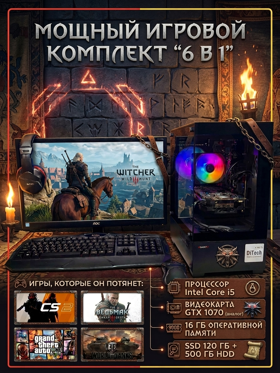 Игровой компьютер С монитором полный комплект INTEL CORE I5/GTX1070 8GB/16 озу/SSD120GB+HDD500GB GTA 5, CS 2, WOT