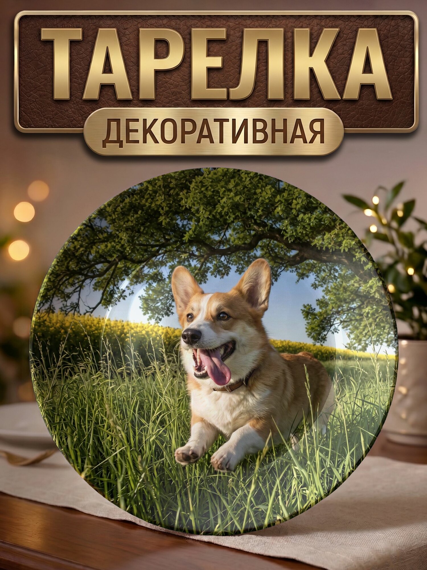 Тарелка декоративная Вельш-корги в поле