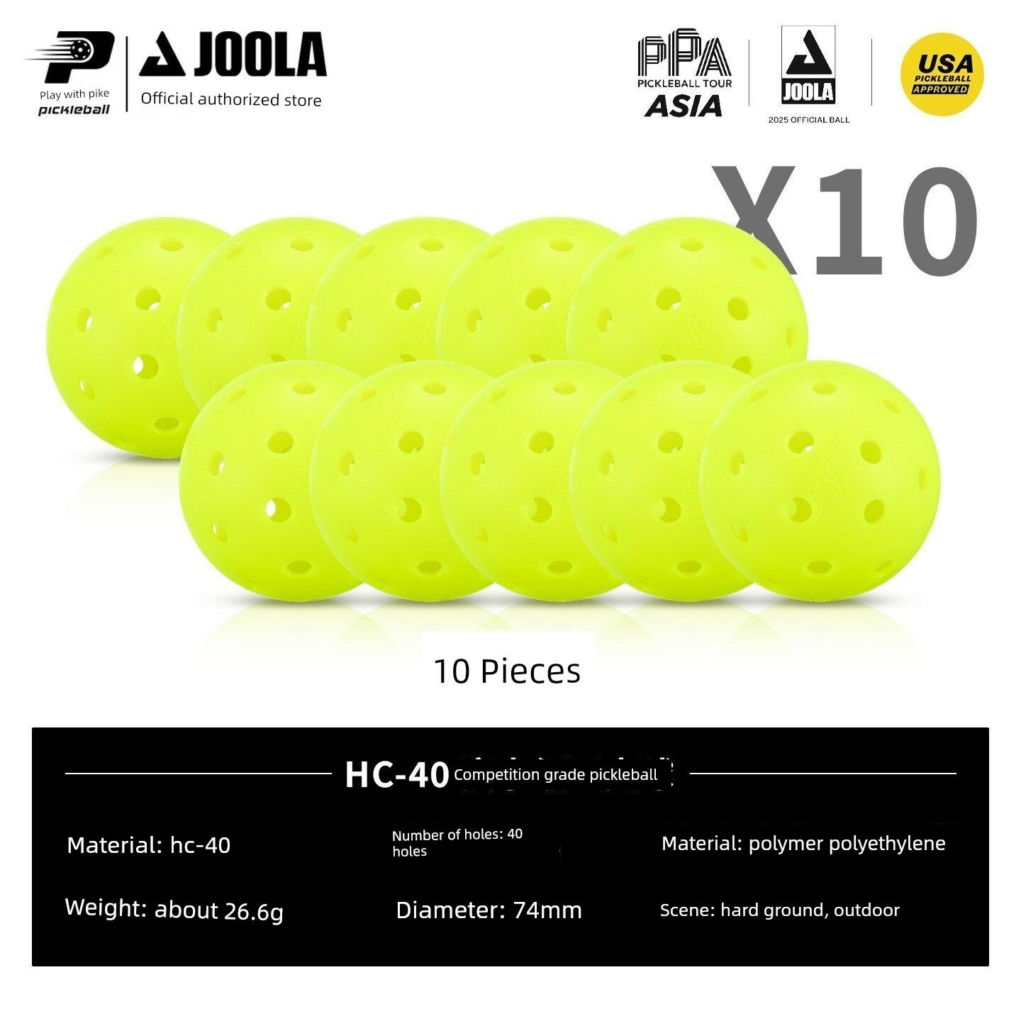 JOOLA HC40 Пиклболы 40-дырочный USAPA сертифицированный профессиональный турнирный уровень 10 шт рассыпной
