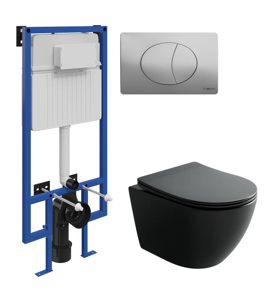 Комплект 3 в 1 Унитаз подвесной Ceramicanova Uno CN11001TMB / Инсталляция STWORKI 510162 / Кнопка 230823 цвет матовый хром