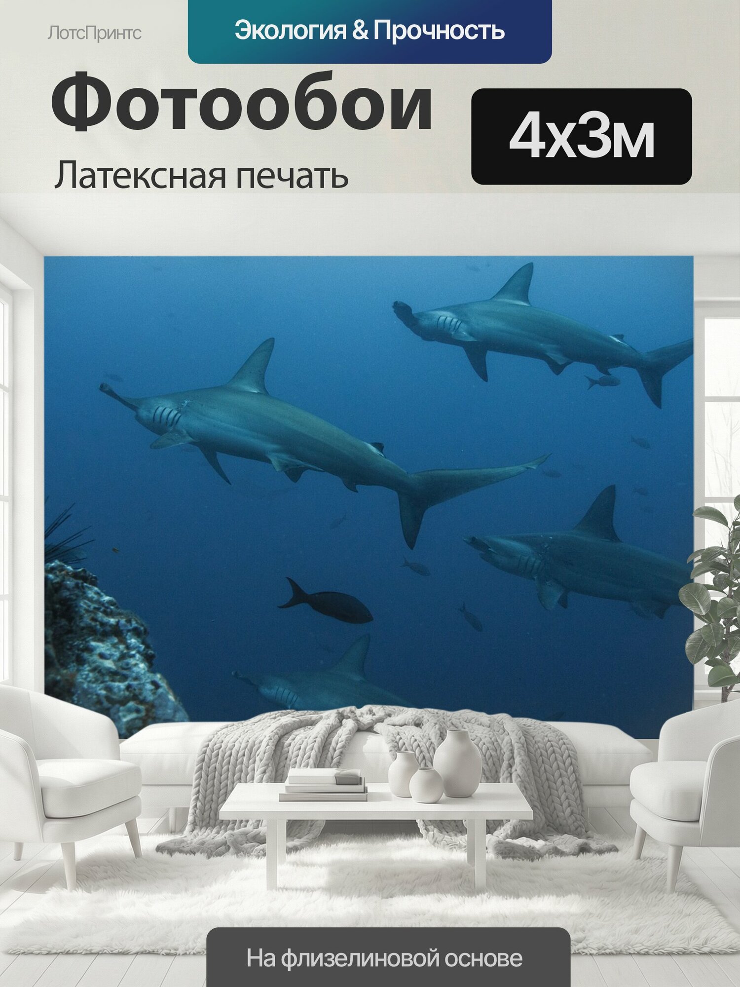 Фотообои моющиеся ударопрочные "Акула-молот, молот, акулы" 400x300 см. латексная печать