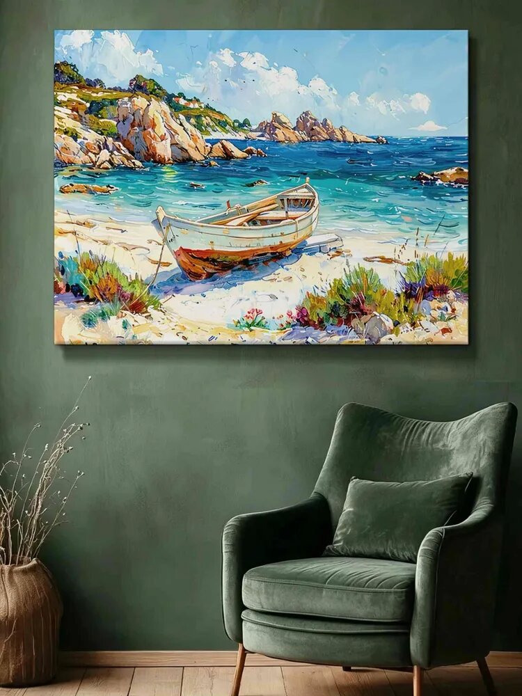 Картина "пейзаж с морем и лодкой на пляже" 50x60 см, 1